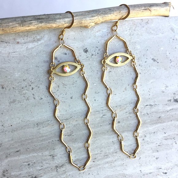 JPeace Designs | Jewelry | Rhinestone Evil Eye Long Gold Chain Earrings ...